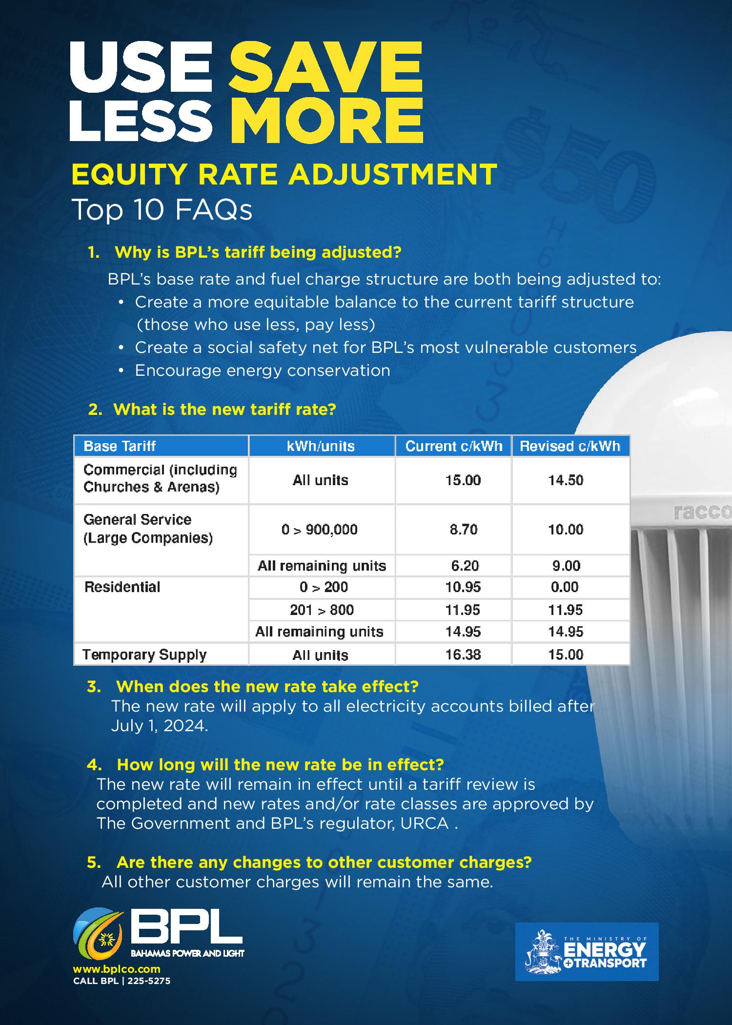 New Tariff Rates Information – ERA – Bahamas Power and Light Company