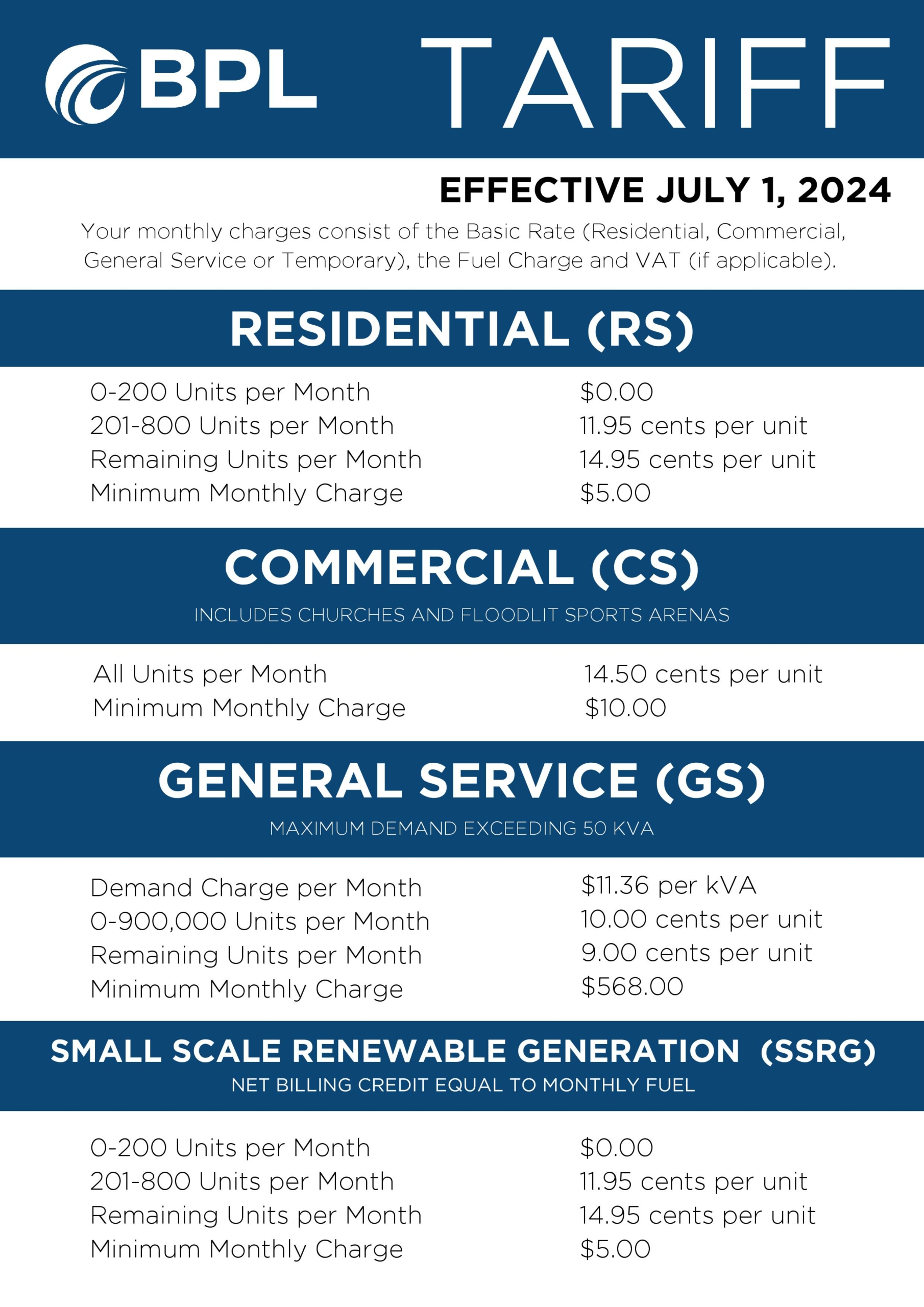New Tariff Rates Information – ERA – Bahamas Power and Light Company